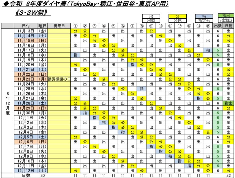令和8年度 勤務表・シフト表 | 日の丸自動車労働組合